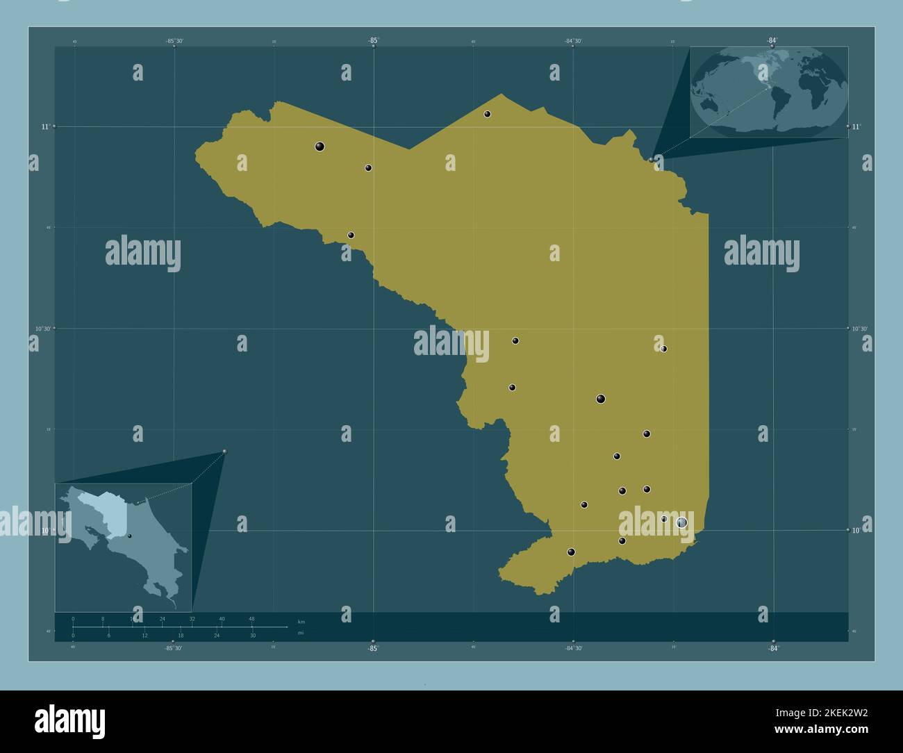 Alajuela, province of Costa Rica. Solid color shape. Locations of major ...