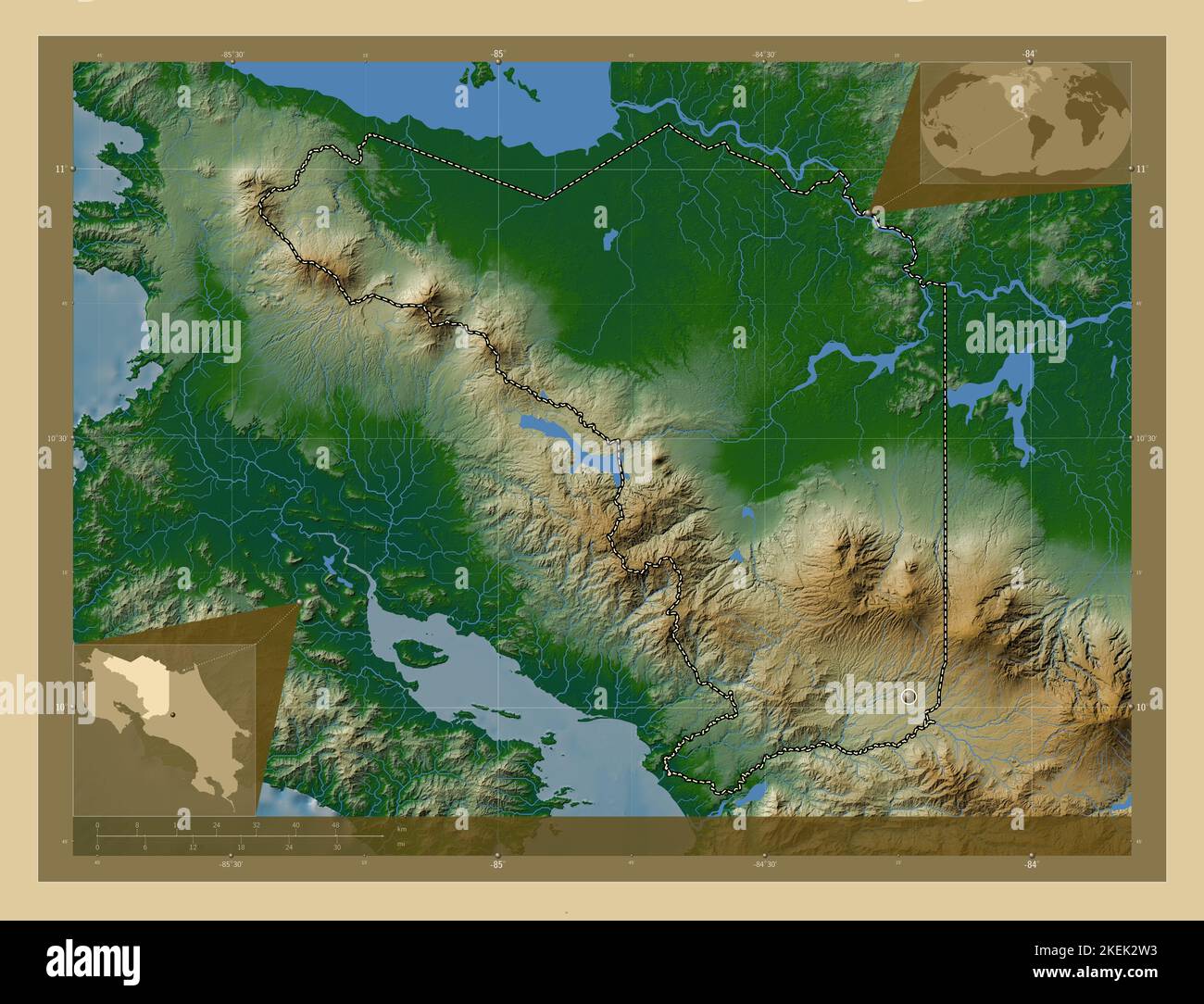 Alajuela, province of Costa Rica. Colored elevation map with lakes and ...