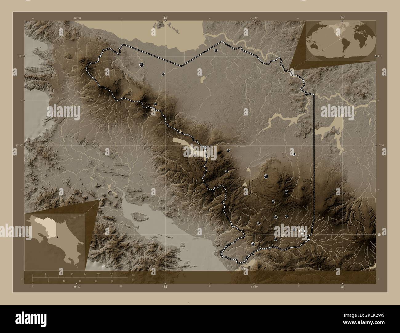 Alajuela, province of Costa Rica. Elevation map colored in sepia tones ...