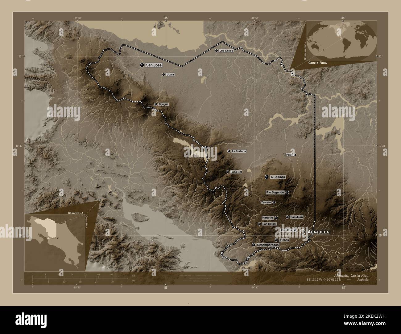 Alajuela, province of Costa Rica. Elevation map colored in sepia tones ...