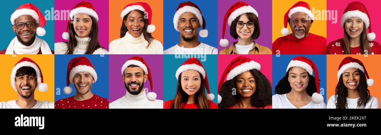 Beautiful multiethnic people wearing Santa hats, collage Stock Photo ...