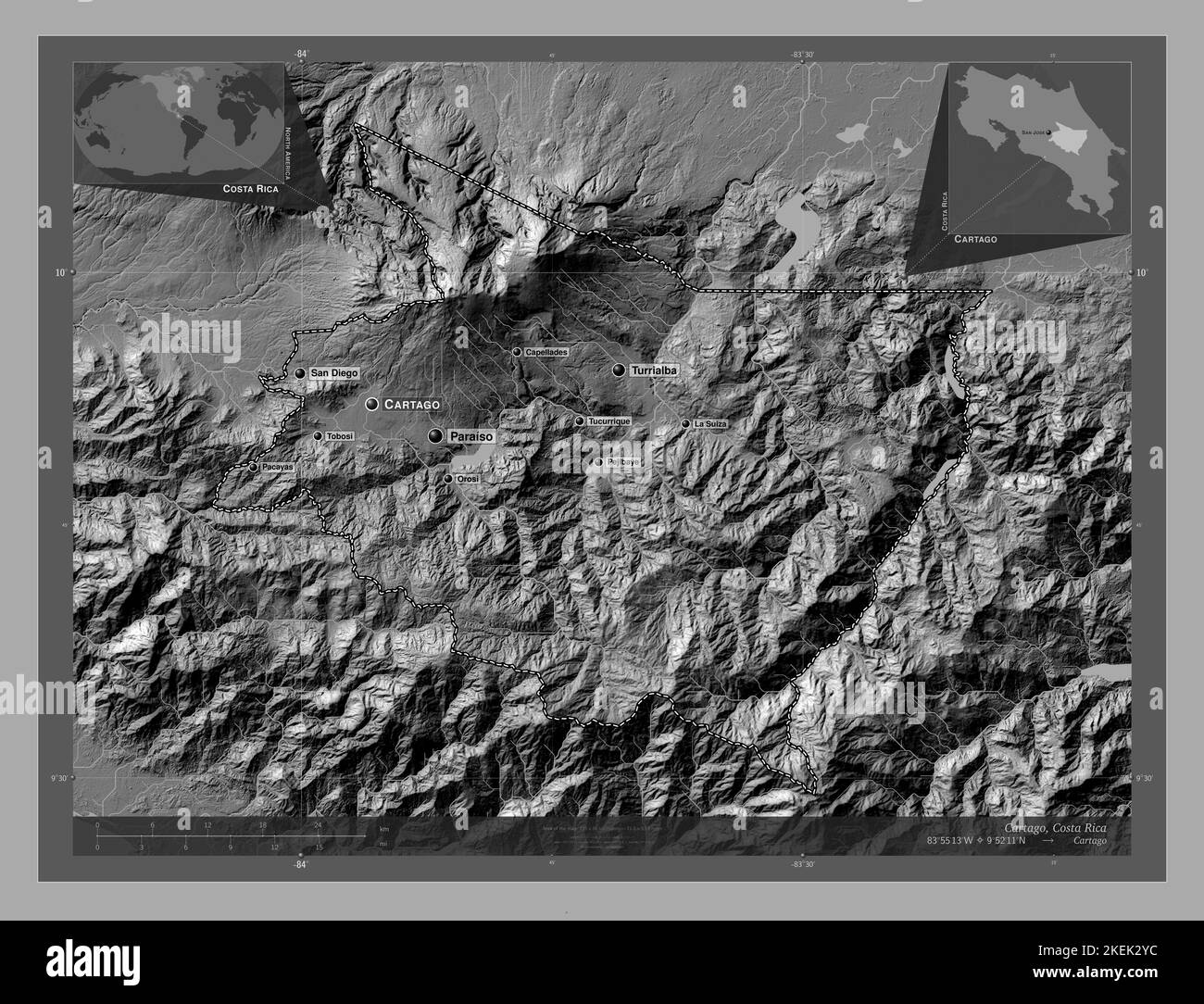 Cartago, province of Costa Rica. Bilevel elevation map with lakes and ...