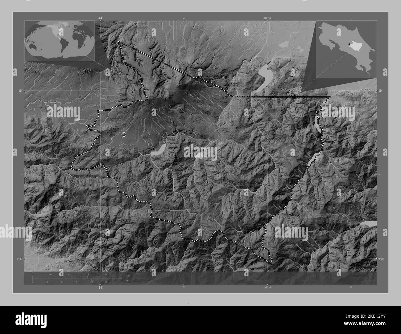 Cartago, province of Costa Rica. Grayscale elevation map with lakes and ...