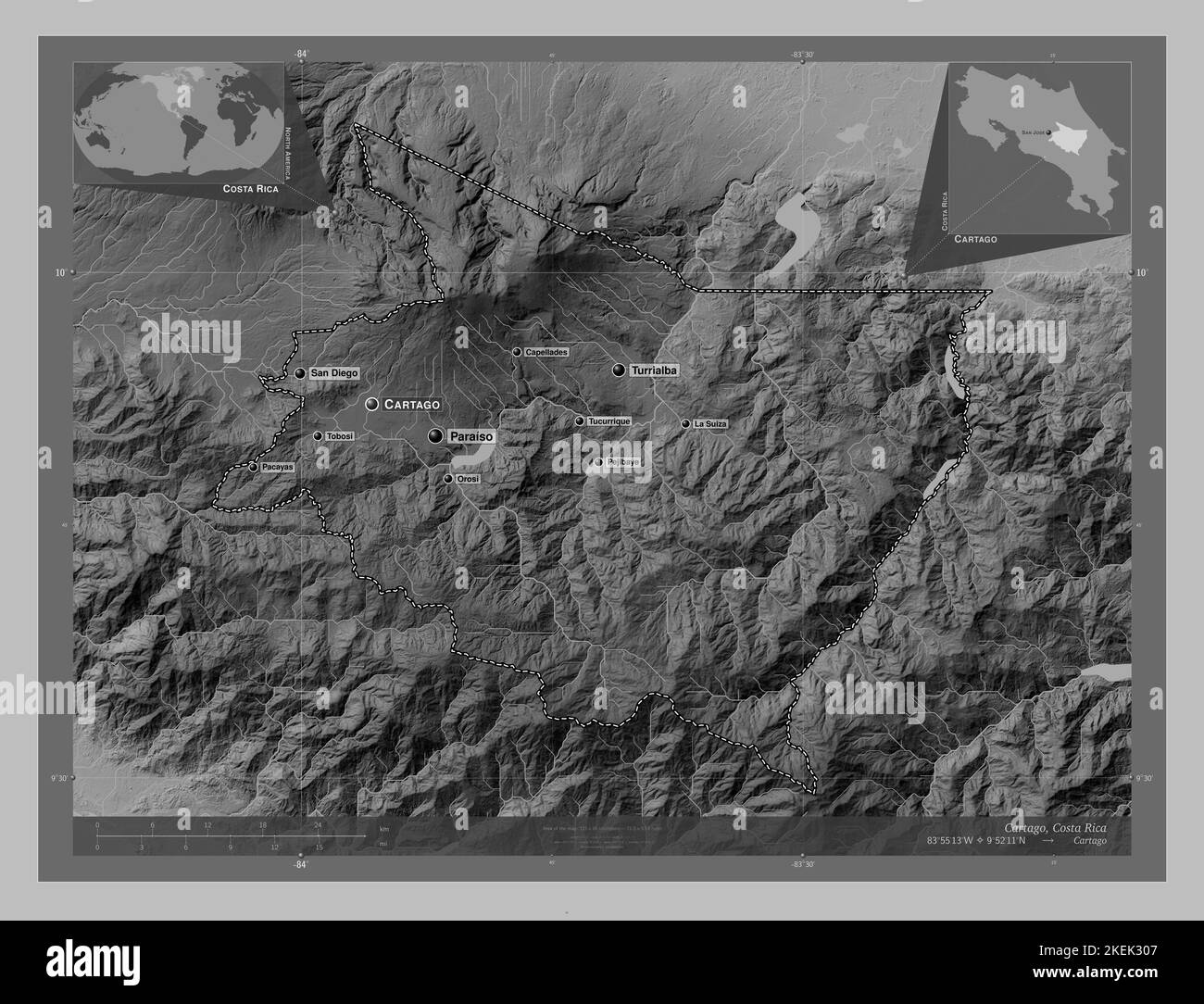 Cartago, province of Costa Rica. Grayscale elevation map with lakes and ...