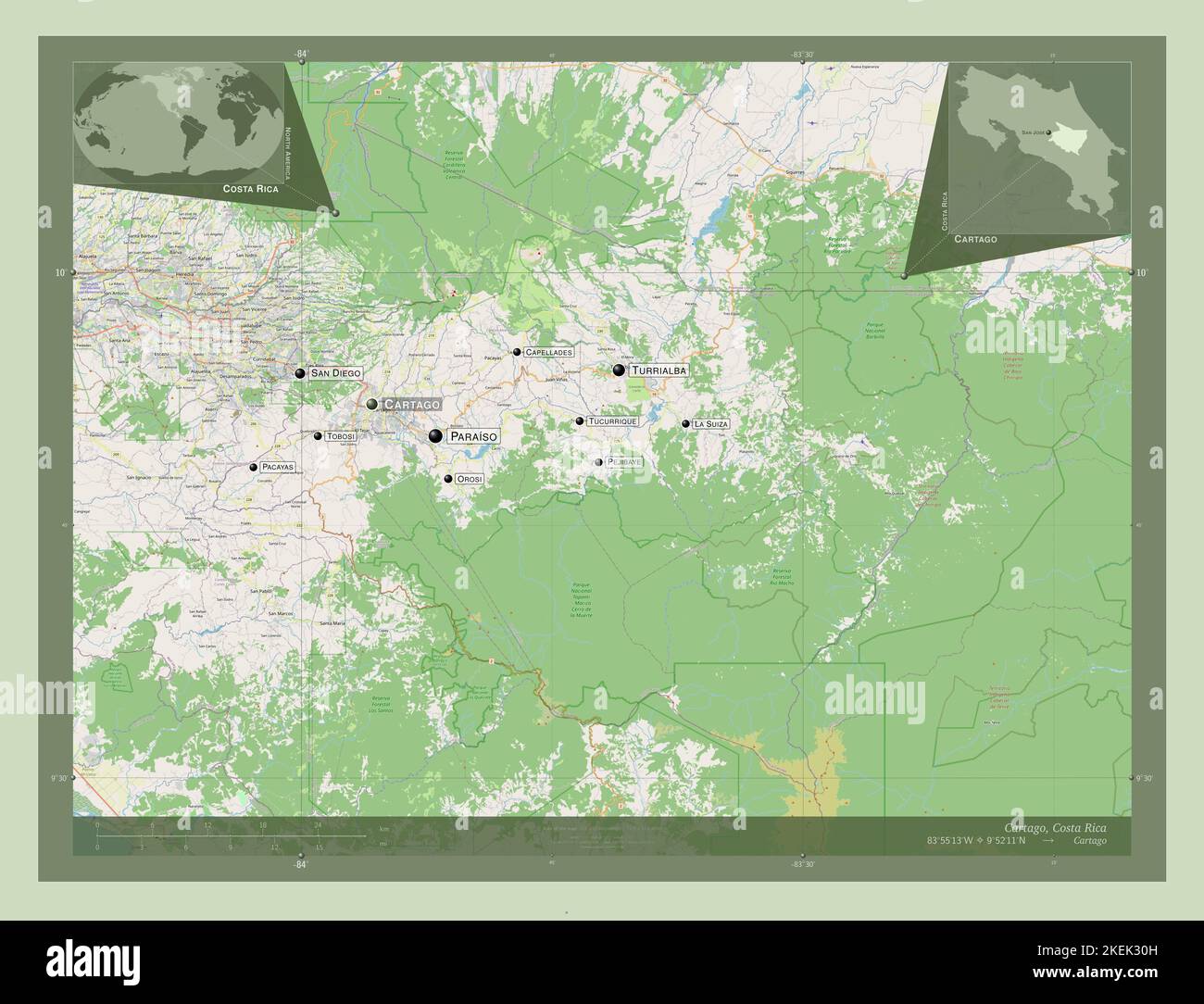 Cartago, province of Costa Rica. Open Street Map. Locations and names ...
