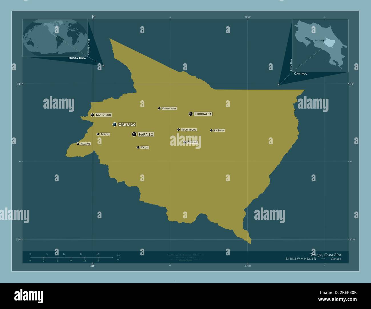 Cartago, province of Costa Rica. Solid color shape. Locations and names ...