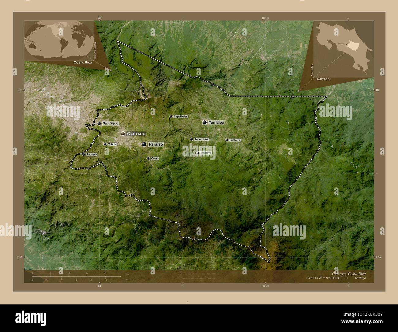 Cartago, province of Costa Rica. Low resolution satellite map ...
