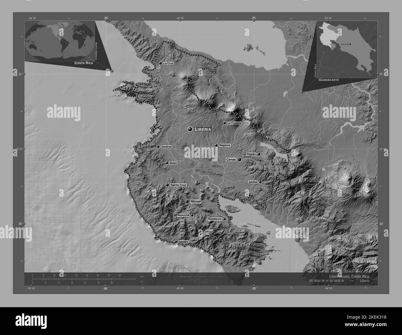 Guanacaste, province of Costa Rica. Bilevel elevation map with lakes ...