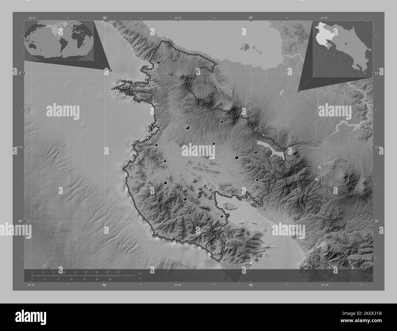 Guanacaste, province of Costa Rica. Grayscale elevation map with lakes ...