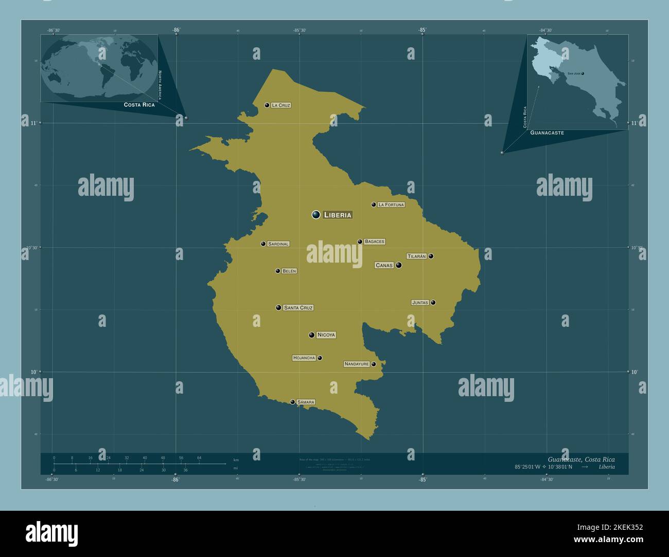 Guanacaste, province of Costa Rica. Solid color shape. Locations and ...