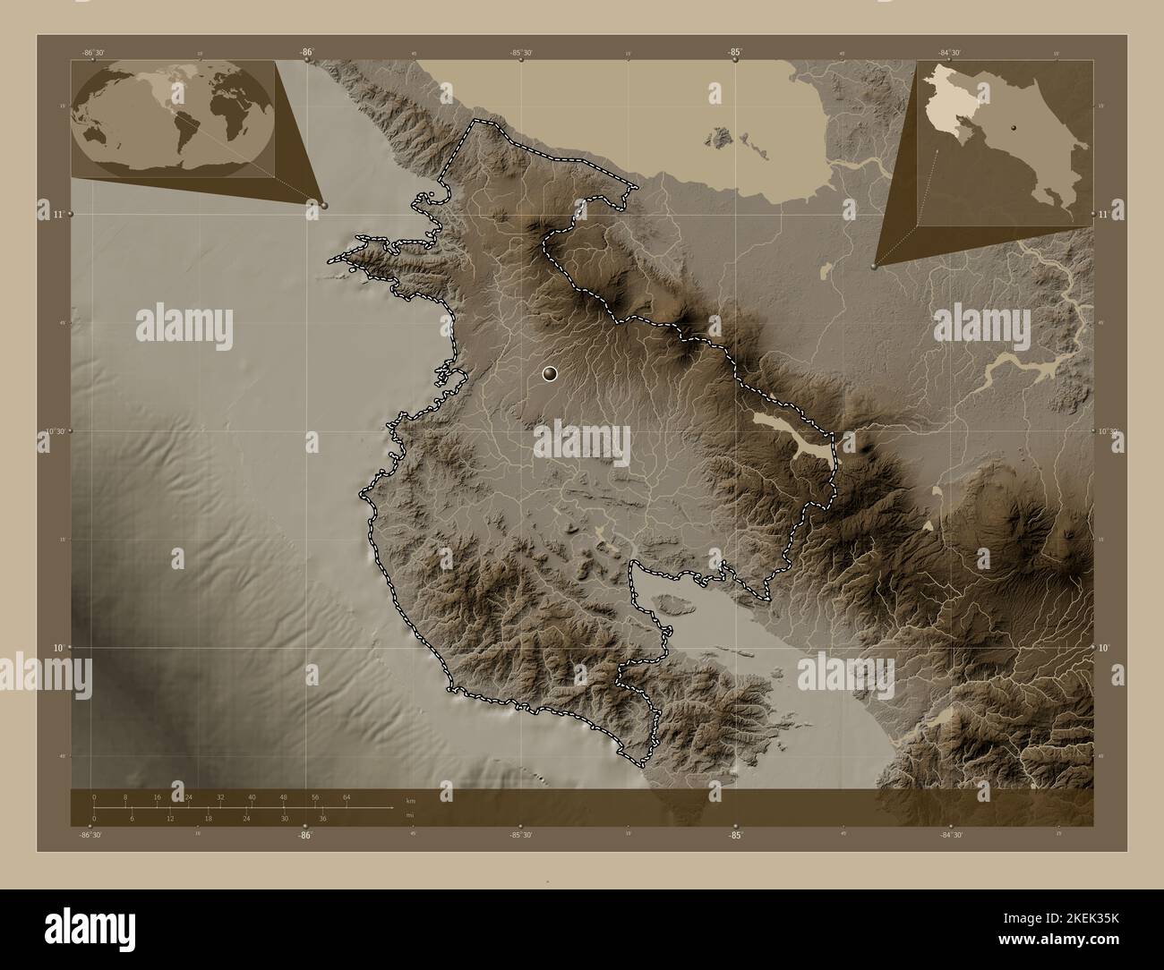 Guanacaste, province of Costa Rica. Elevation map colored in sepia ...