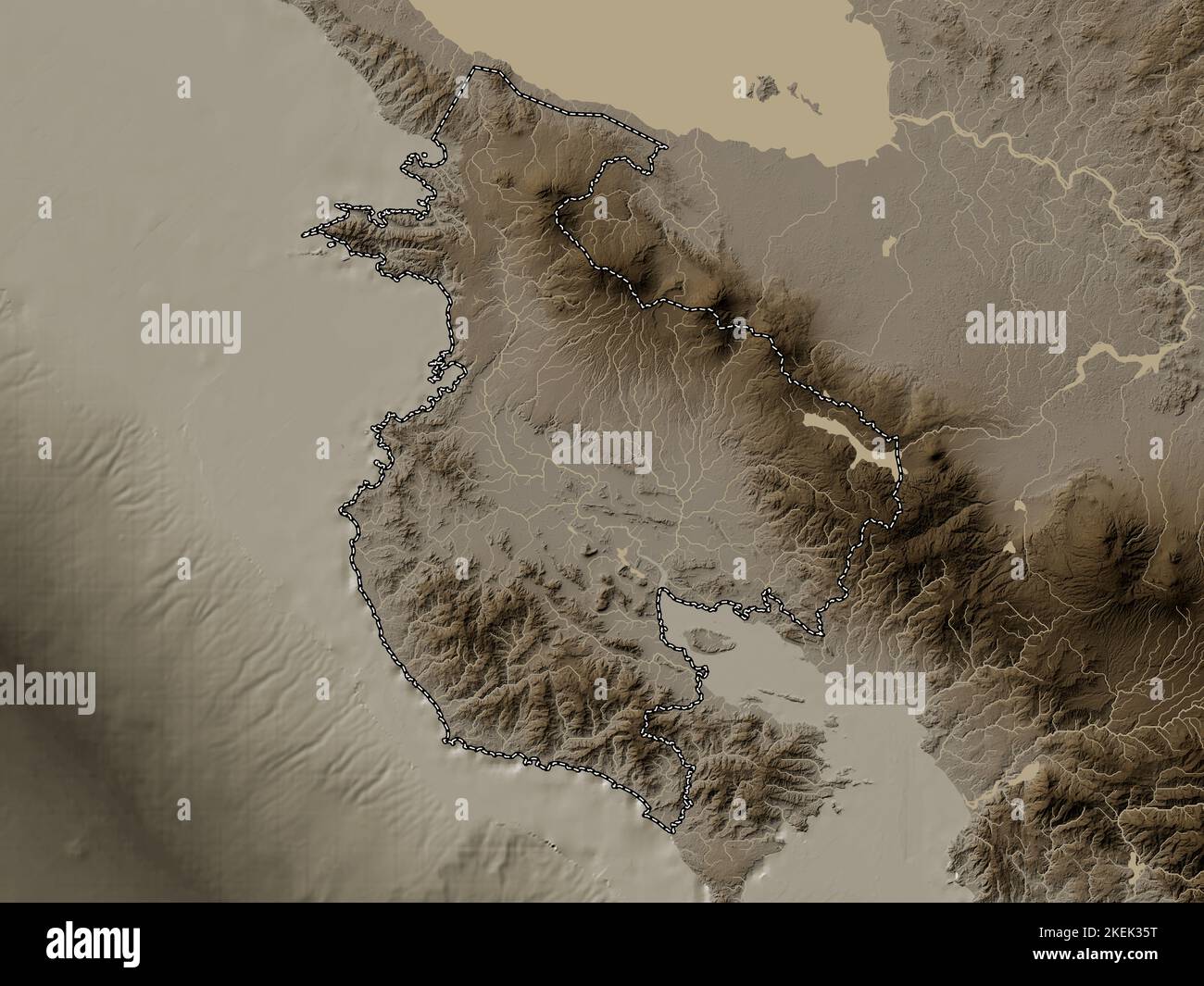 Guanacaste, province of Costa Rica. Elevation map colored in sepia ...