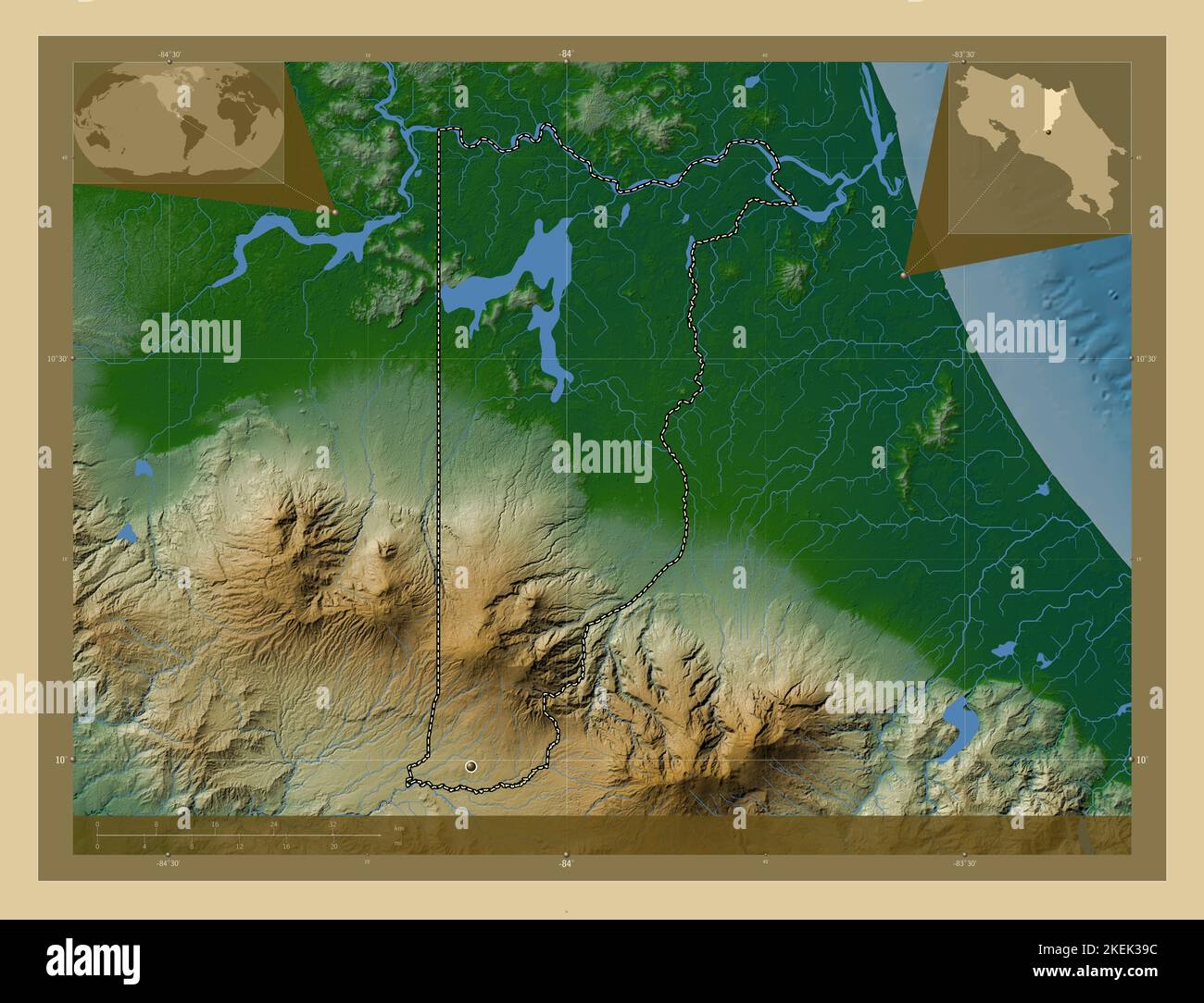 Heredia, province of Costa Rica. Colored elevation map with lakes and ...