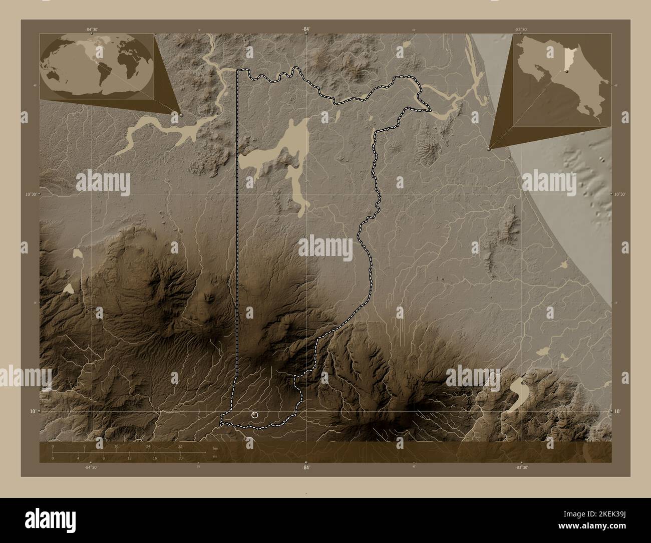 Heredia, province of Costa Rica. Elevation map colored in sepia tones ...
