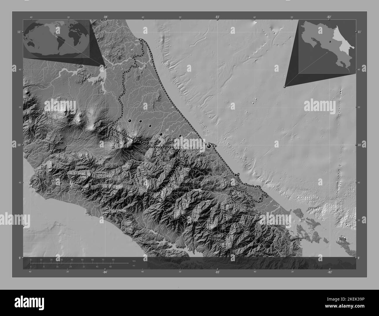 Limon, province of Costa Rica. Bilevel elevation map with lakes and ...