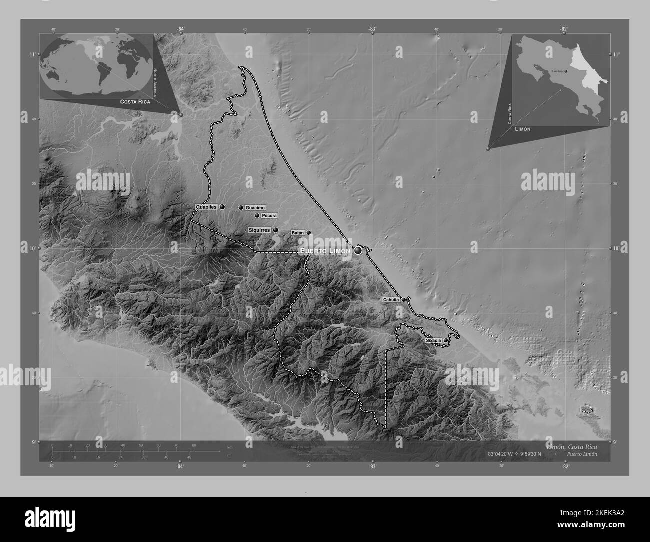 Limon, province of Costa Rica. Grayscale elevation map with lakes and ...
