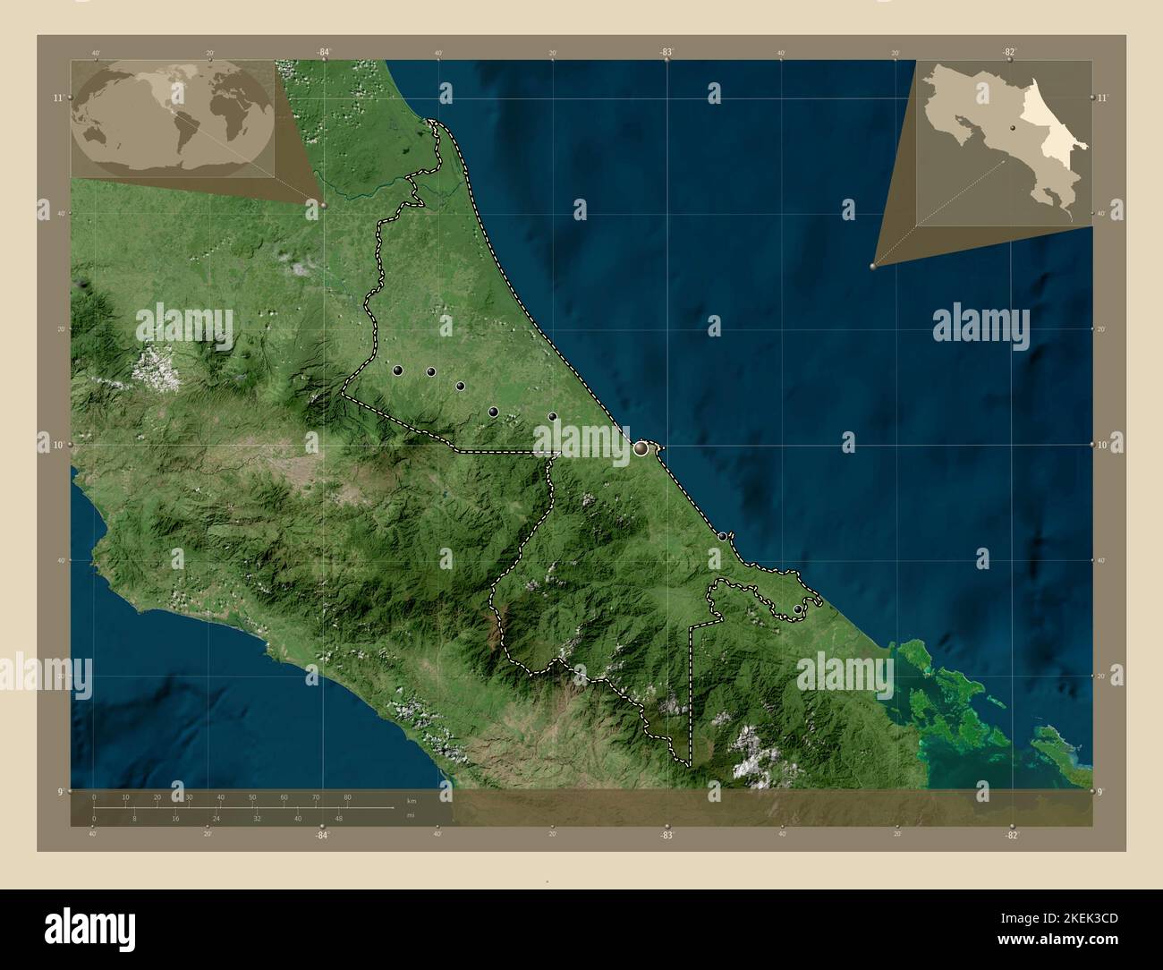 Limon, province of Costa Rica. High resolution satellite map. Locations ...