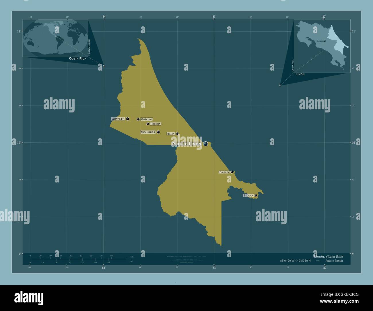 Limon, province of Costa Rica. Solid color shape. Locations and names ...