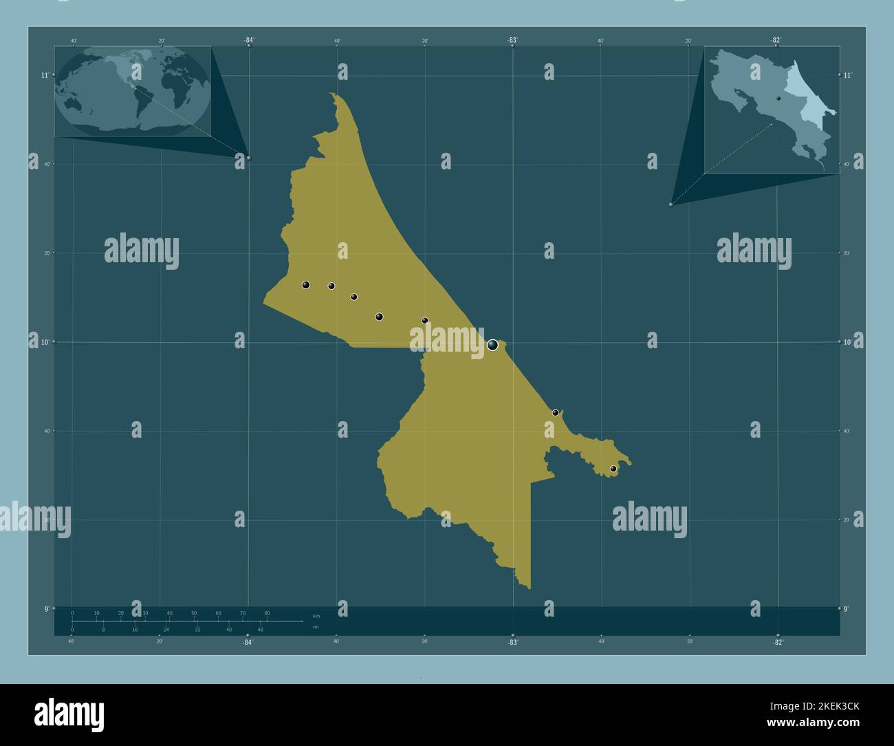 Limon, province of Costa Rica. Solid color shape. Locations of major ...