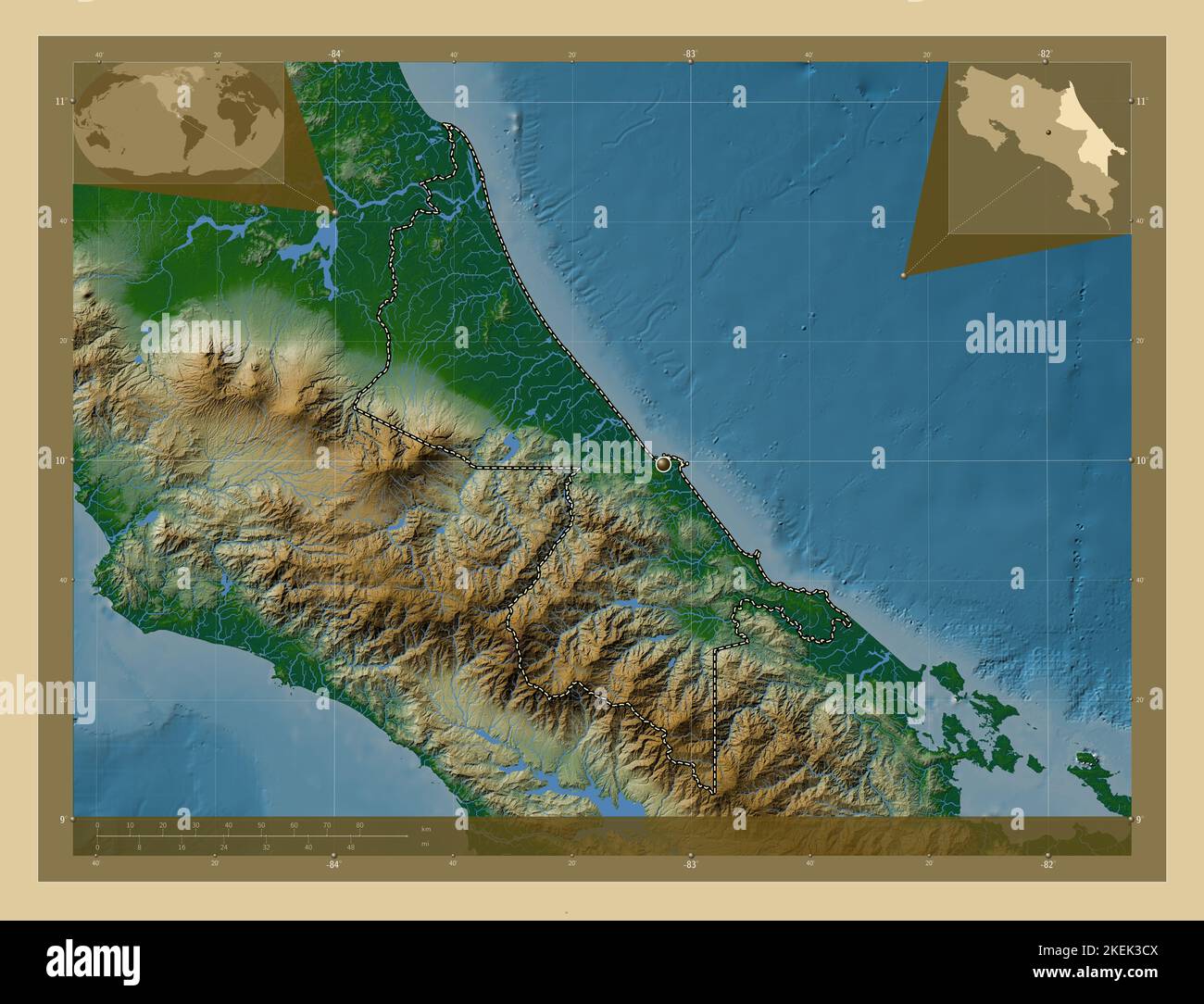 Limon, province of Costa Rica. Colored elevation map with lakes and ...