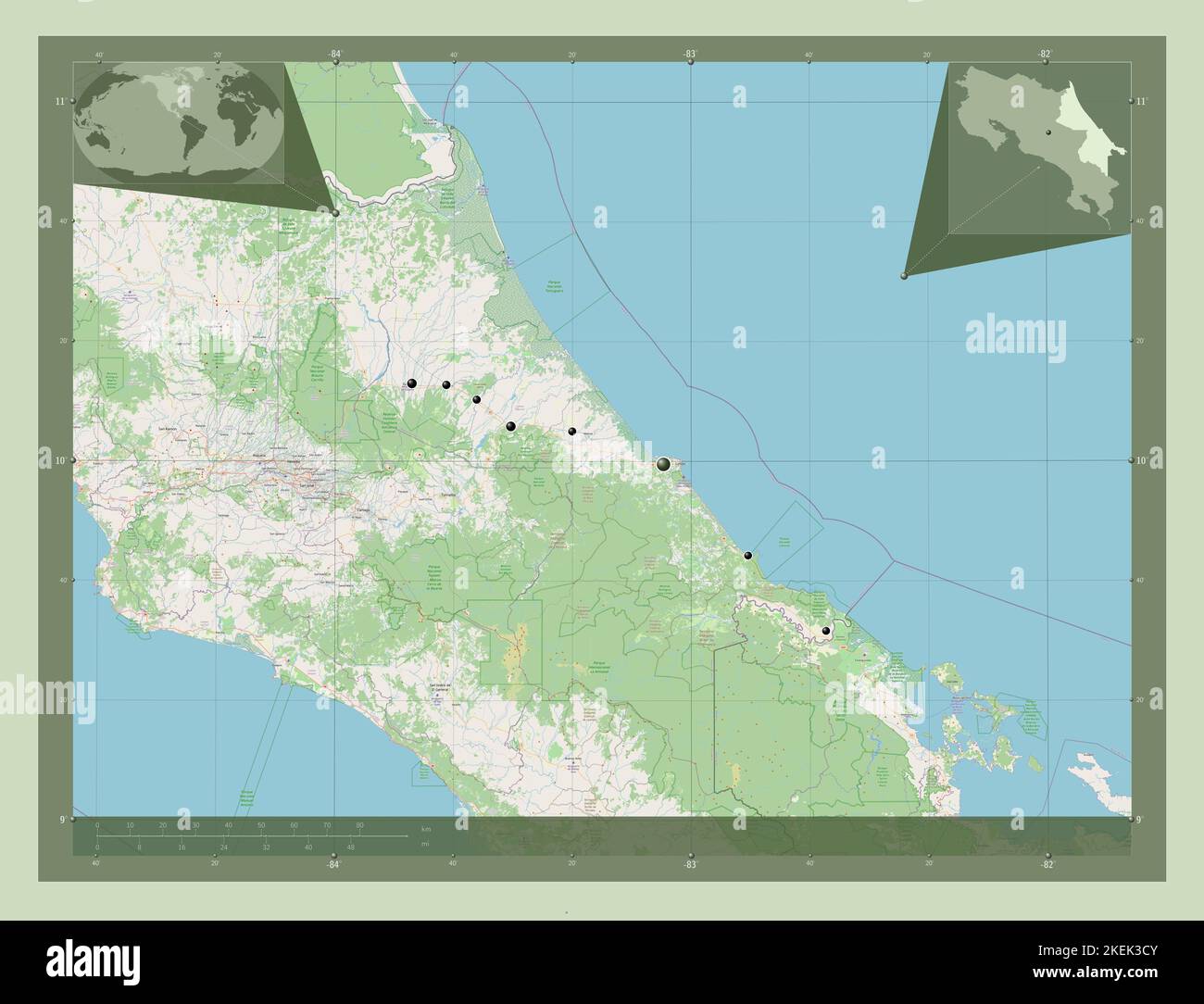 Limon, province of Costa Rica. Open Street Map. Locations of major ...
