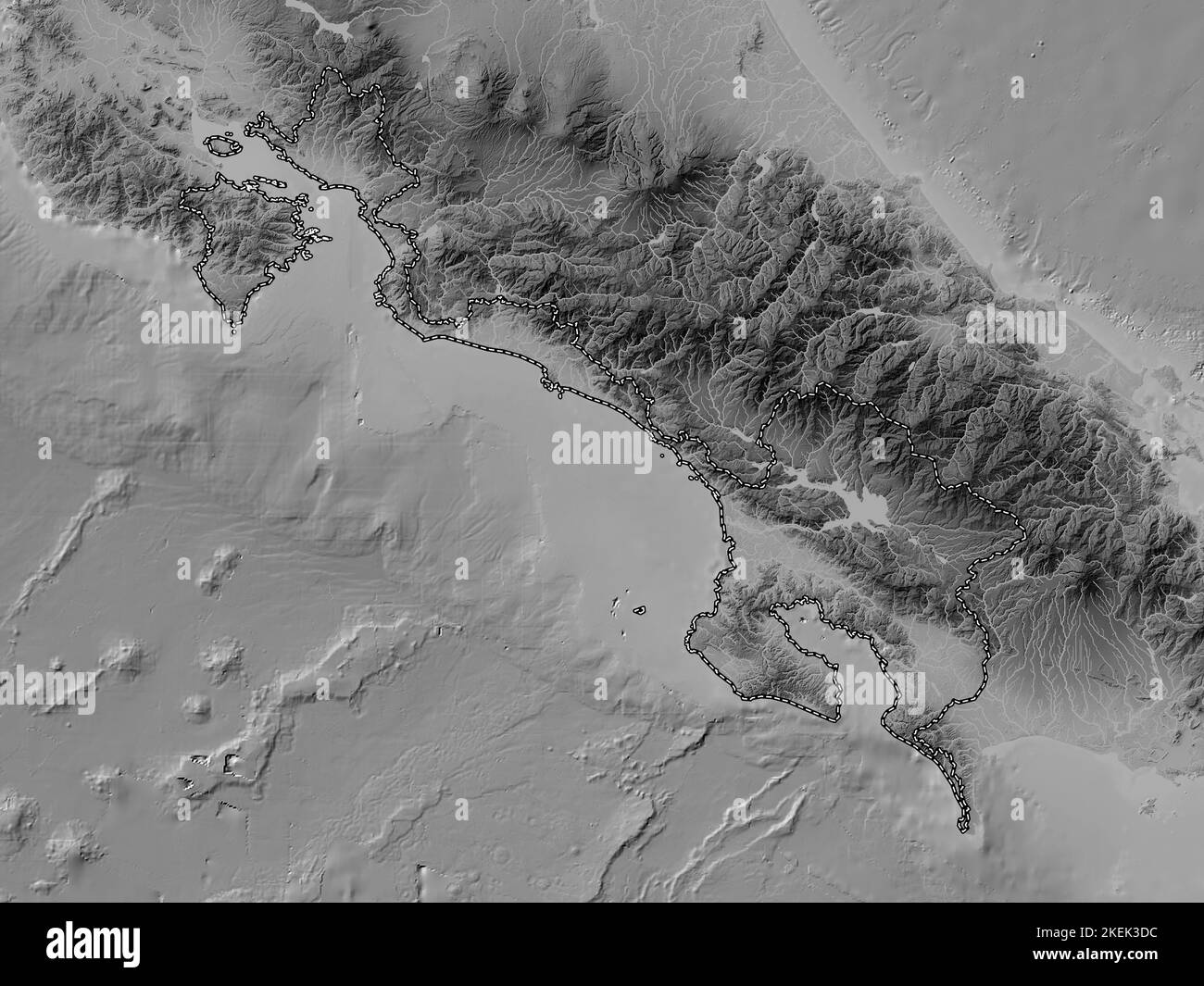 Puntarenas, province of Costa Rica. Grayscale elevation map with lakes ...