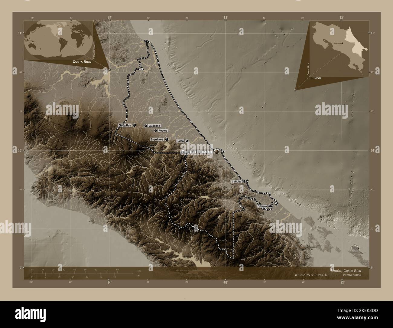 Limon, province of Costa Rica. Elevation map colored in sepia tones ...