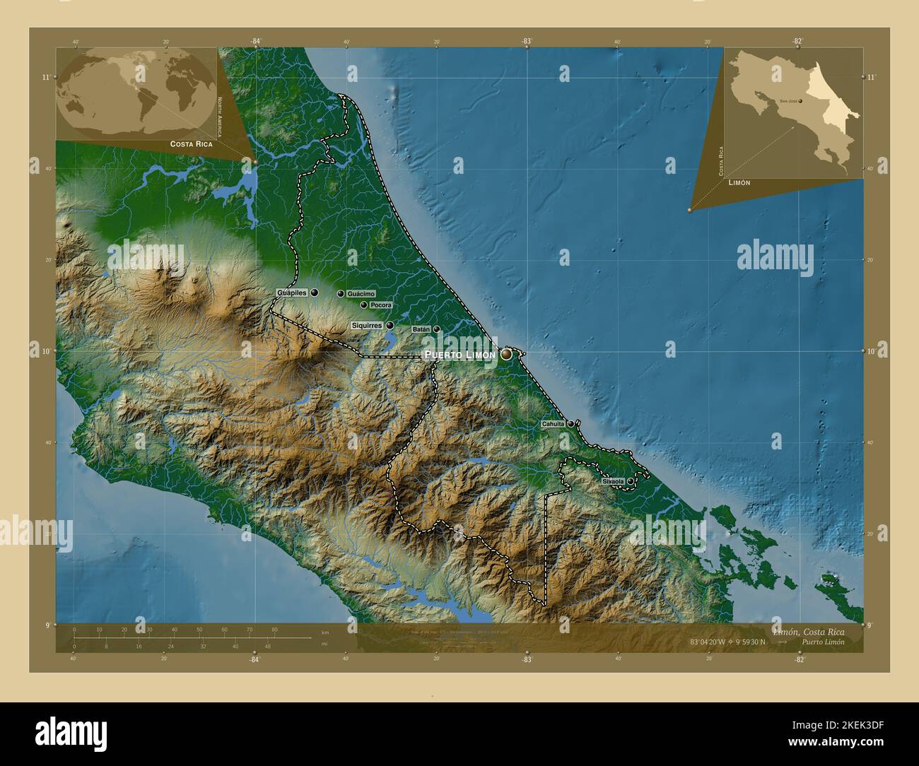 Limon, province of Costa Rica. Colored elevation map with lakes and ...