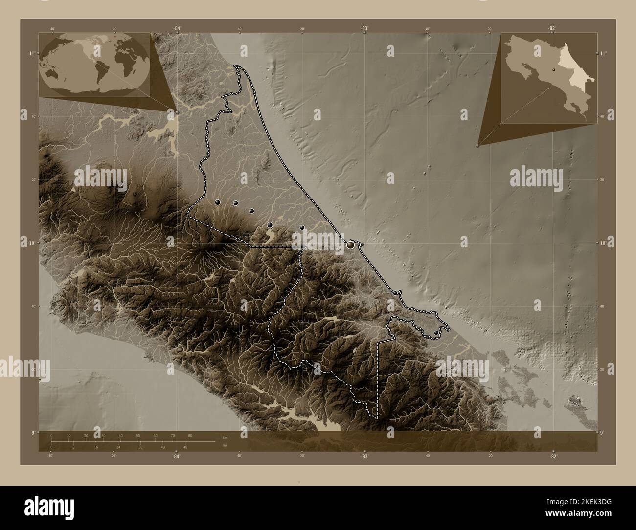 Limon, province of Costa Rica. Elevation map colored in sepia tones ...