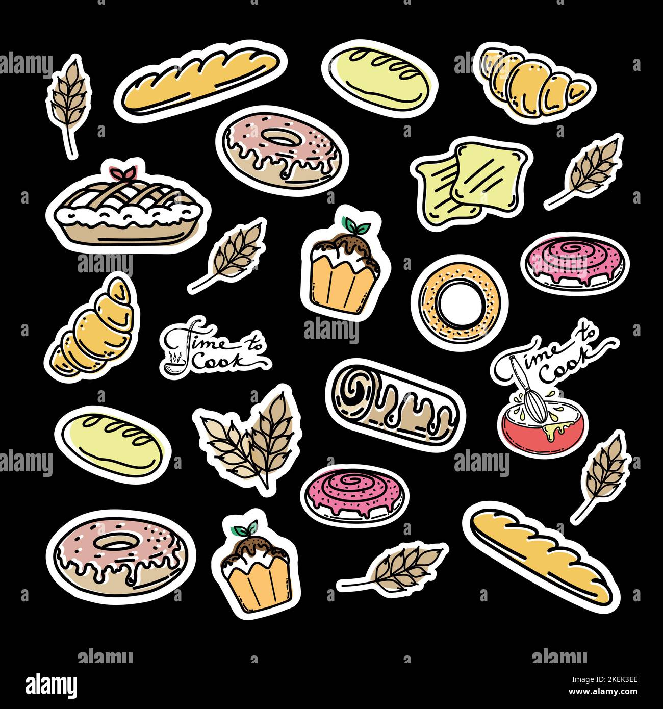 A collection of bakery and pastry stickers, hand-drawn sketch-style ...