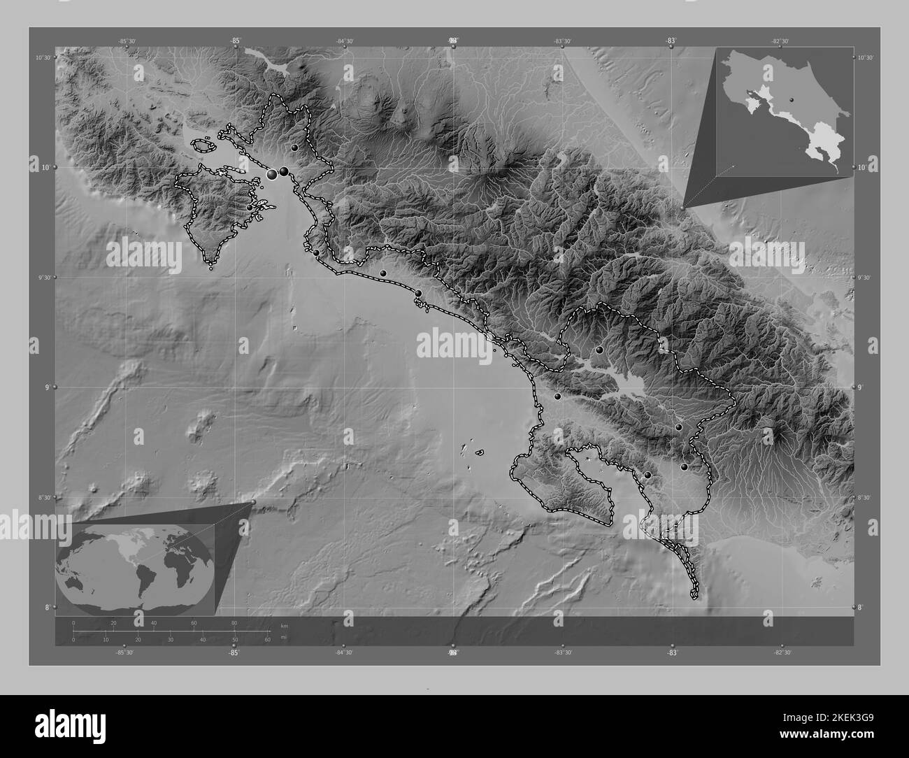 Puntarenas, province of Costa Rica. Grayscale elevation map with lakes ...