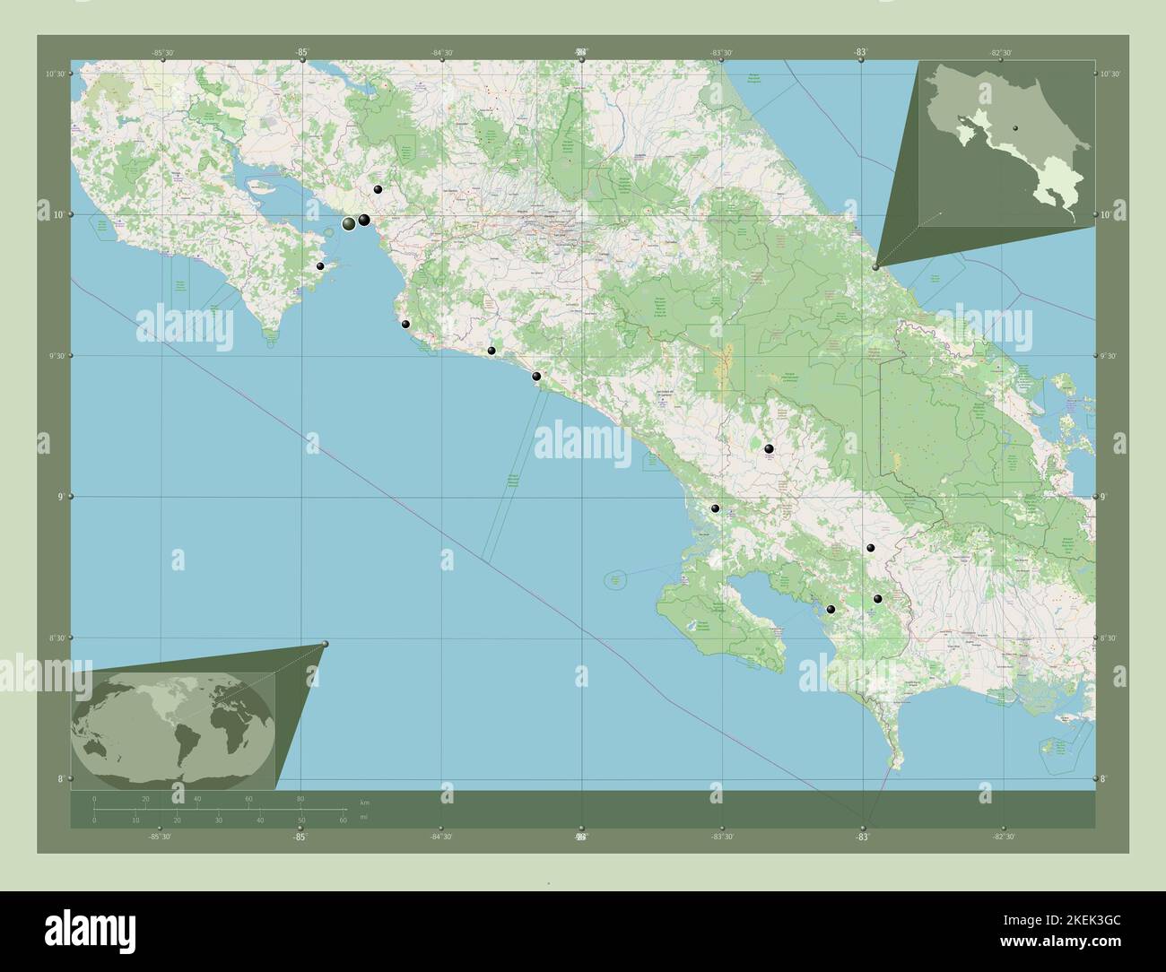 Puntarenas, province of Costa Rica. Open Street Map. Locations of major ...