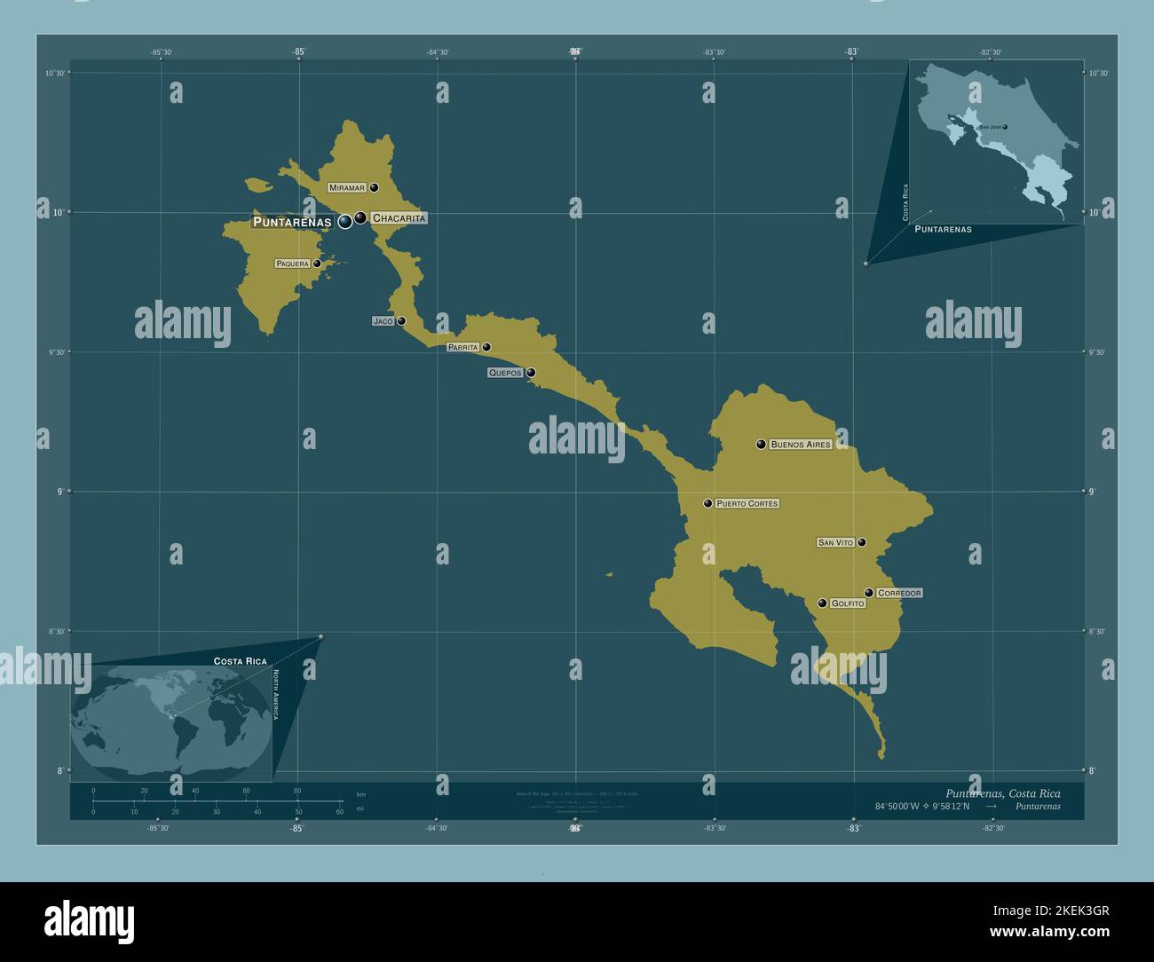 Puntarenas, province of Costa Rica. Solid color shape. Locations and ...