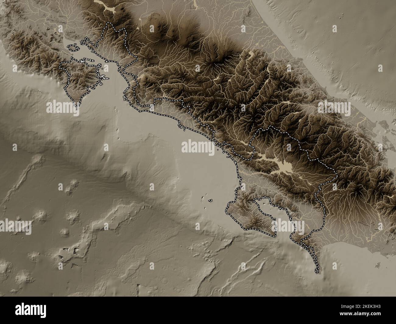 Puntarenas, province of Costa Rica. Elevation map colored in sepia ...