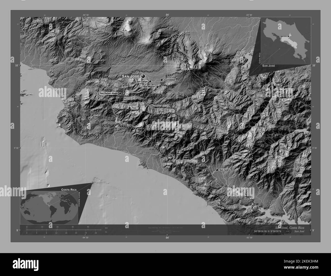 San Jose, province of Costa Rica. Bilevel elevation map with lakes and ...