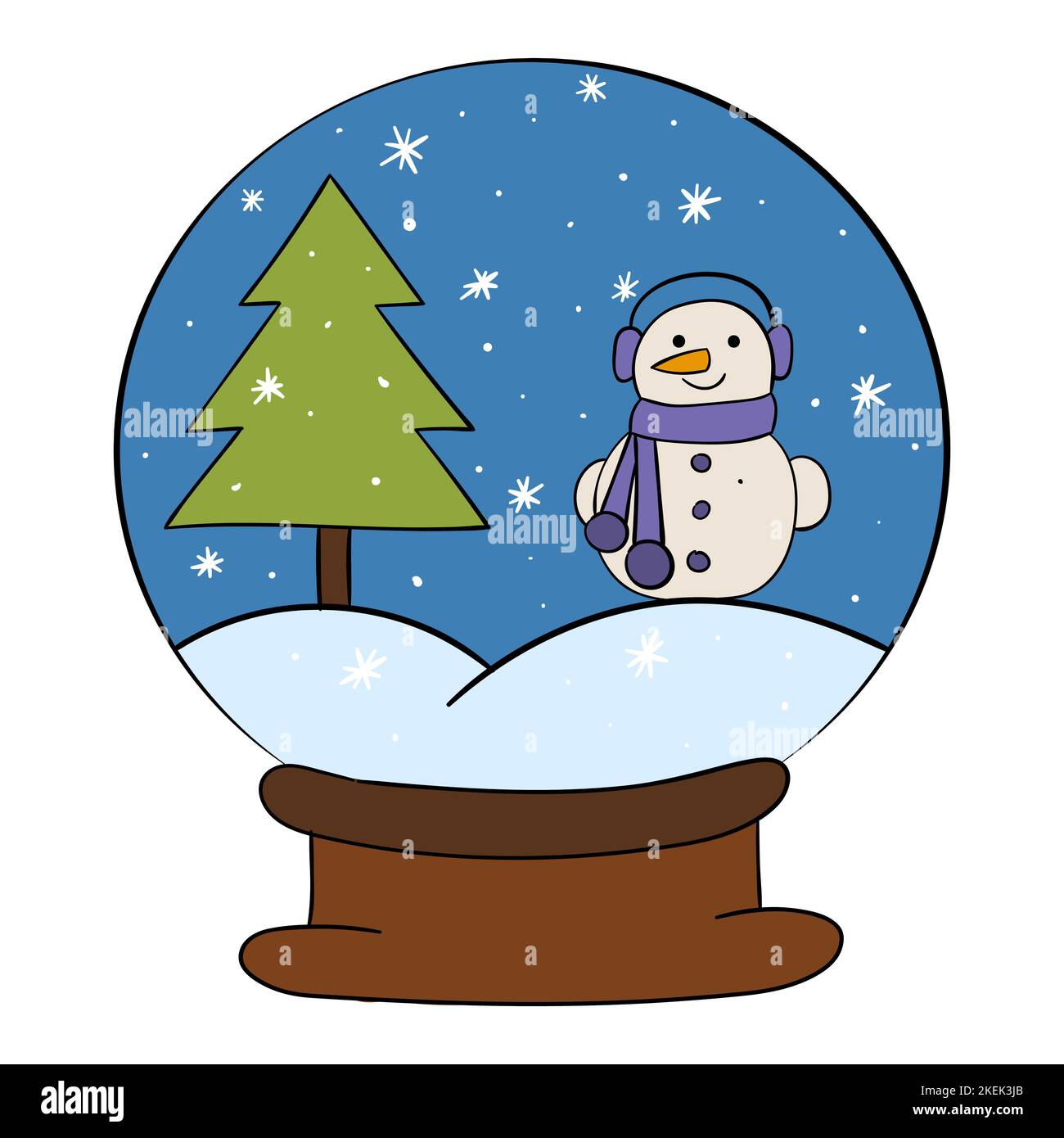 A snow globe with a Christmas tree and a snowman. vector illustration ...