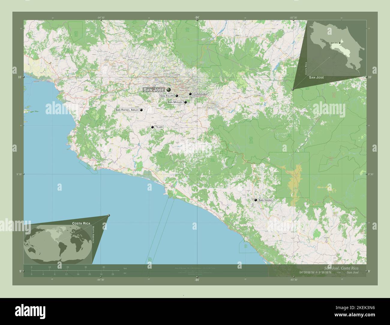 San Jose, province of Costa Rica. Open Street Map. Locations and names ...