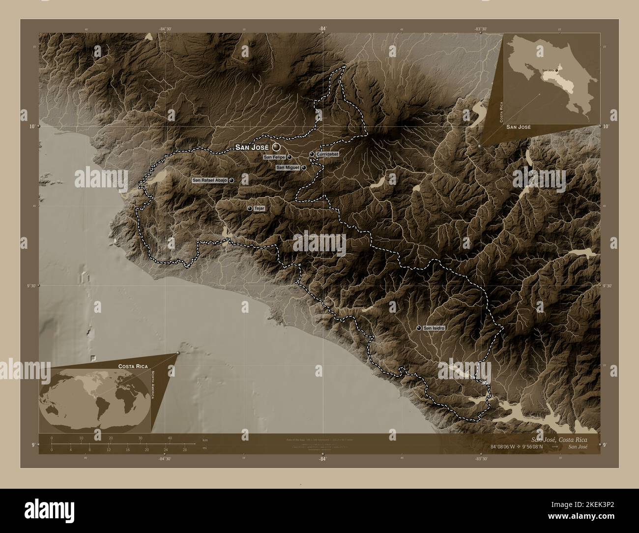 San Jose, province of Costa Rica. Elevation map colored in sepia tones ...