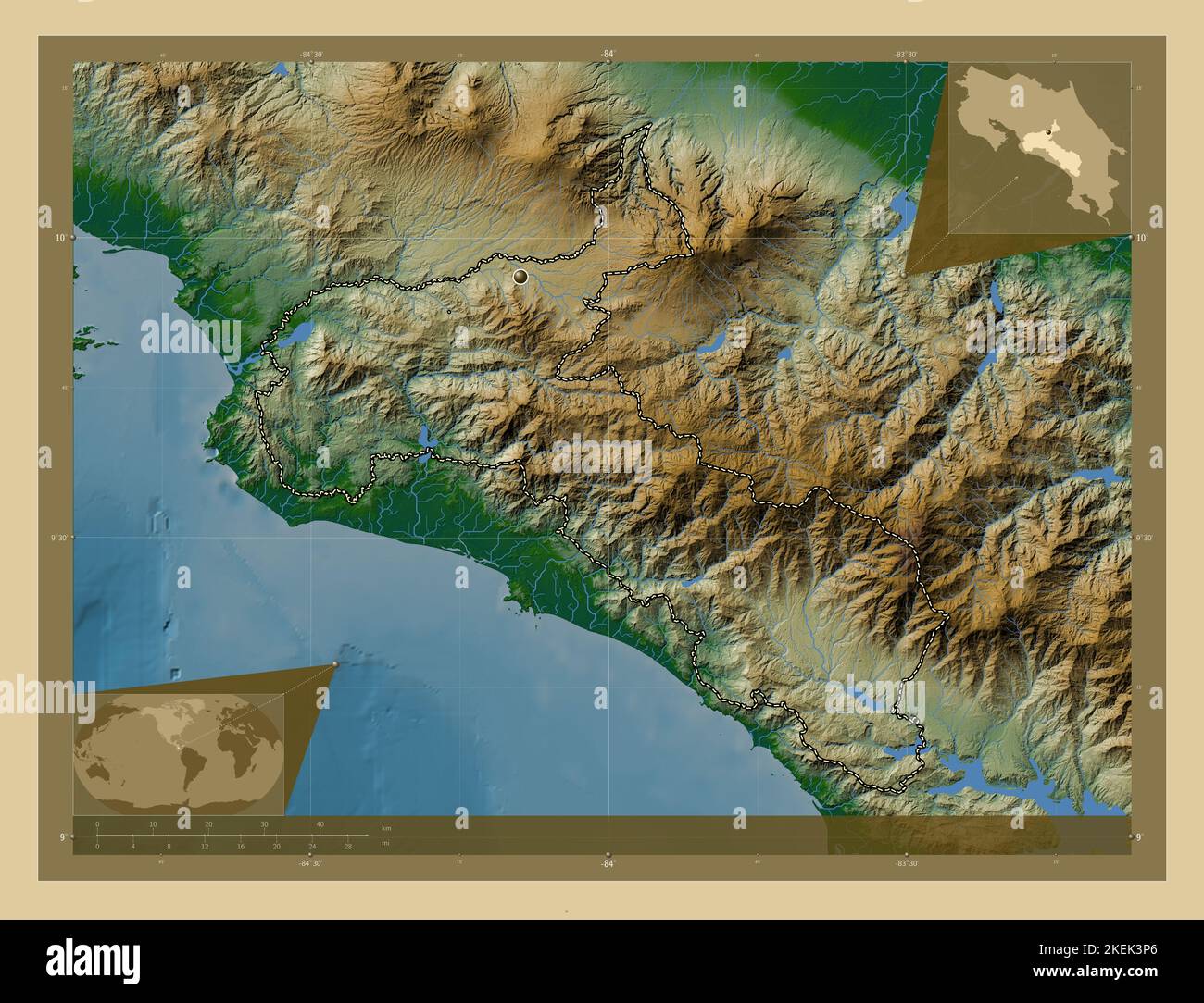 San Jose, province of Costa Rica. Colored elevation map with lakes and ...