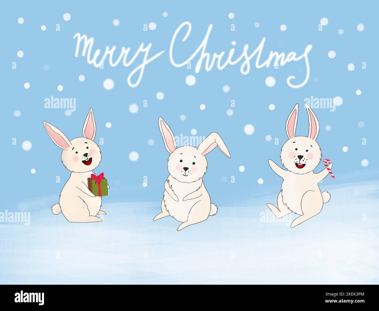 Cute little hare with red hat, scarf and Christmas tree. Christmas card ...