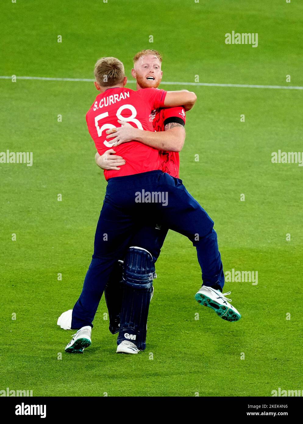 England's Ben Stokes is congratulated by Sam Curran after hitting the ...