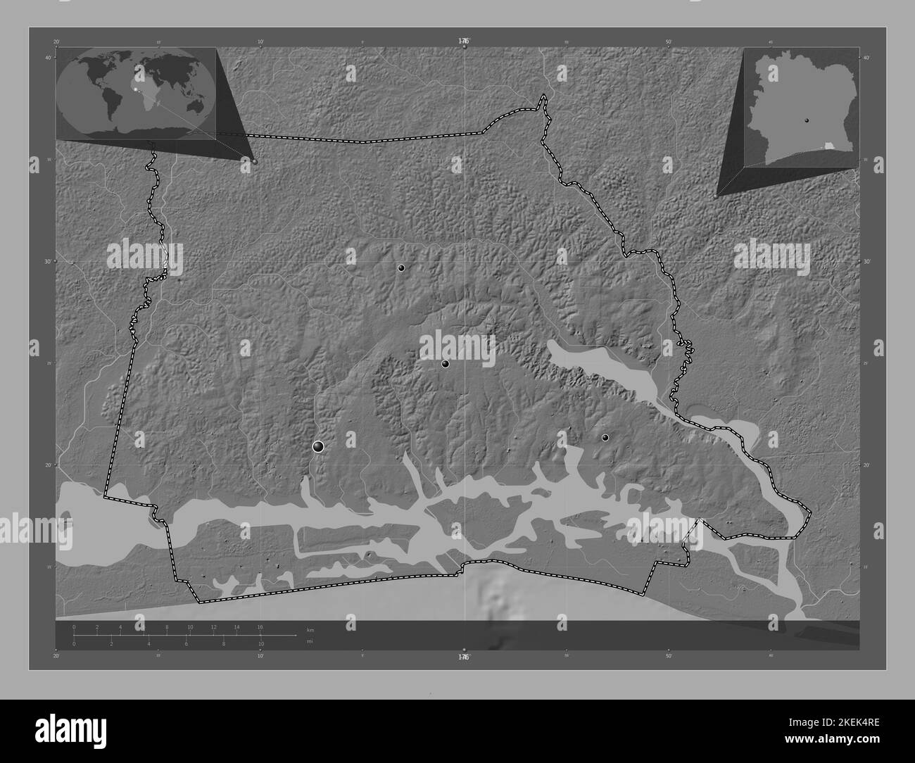 Abidjan, autonomous district of Cote d'Ivoire. Bilevel elevation map ...