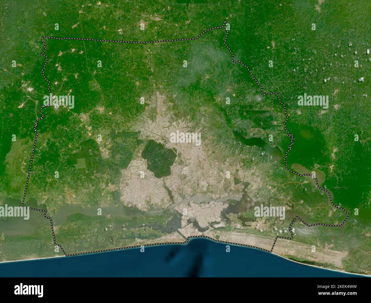 Abidjan, autonomous district of Cote d'Ivoire. Low resolution satellite ...