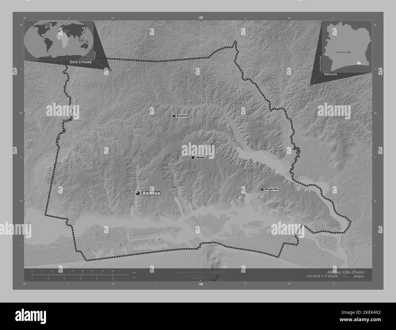 Abidjan, autonomous district of Cote d'Ivoire. Grayscale elevation map ...