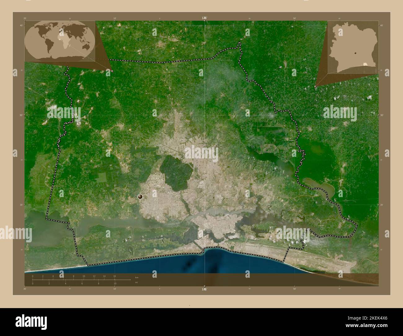 Abidjan, autonomous district of Cote d'Ivoire. Low resolution satellite ...