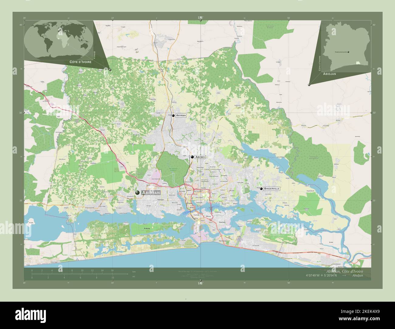 Abidjan, autonomous district of Cote d'Ivoire. Open Street Map. Locations and names of major ...