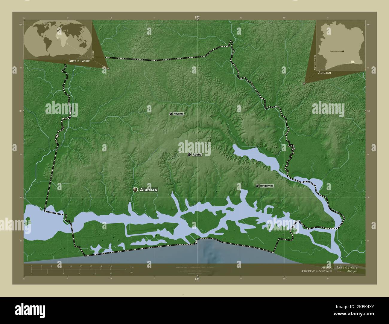 Abidjan, autonomous district of Cote d'Ivoire. Elevation map colored in ...