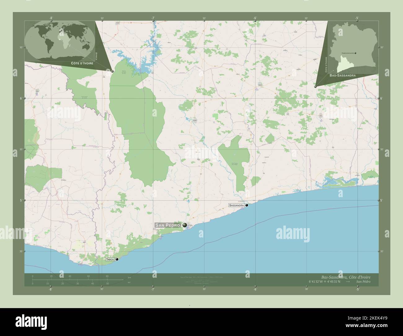 Bas-Sassandra, district of Cote d'Ivoire. Open Street Map. Locations ...