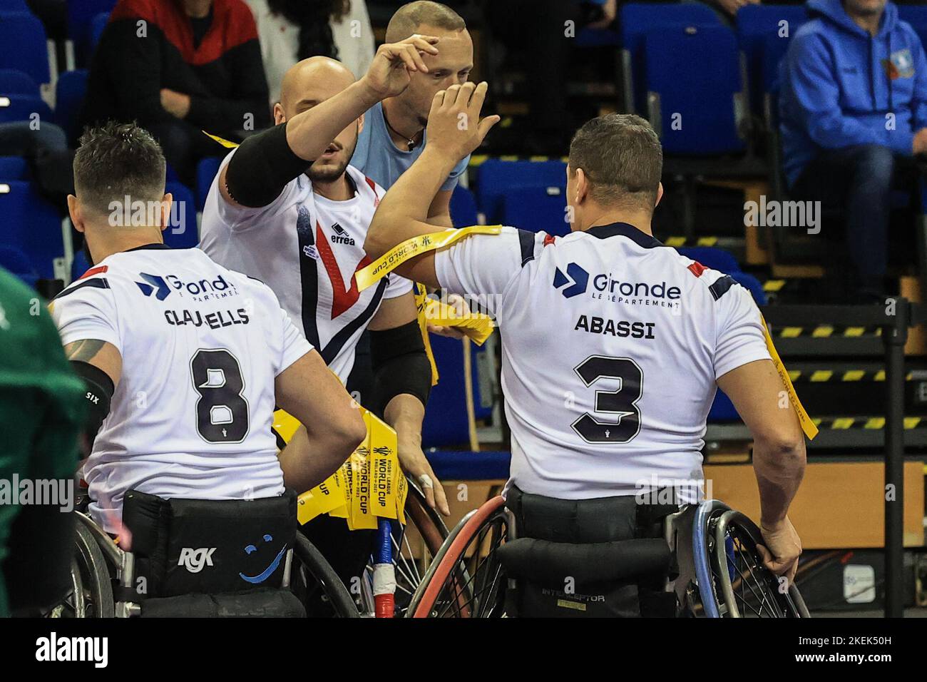Jeremy Bourson of France celebrates their try with Mostefa Abassi of ...