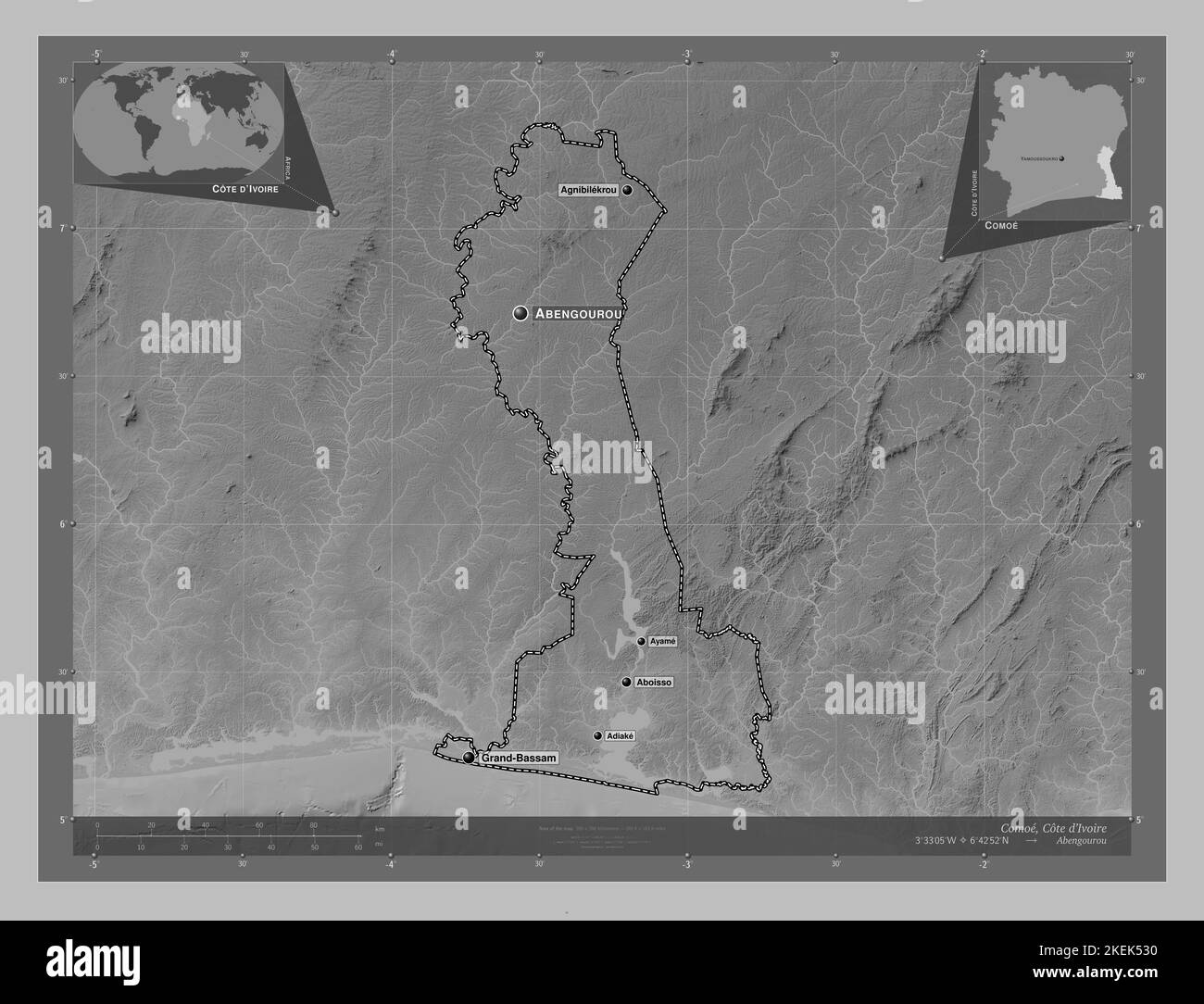 Comoe, district of Cote d'Ivoire. Grayscale elevation map with lakes ...
